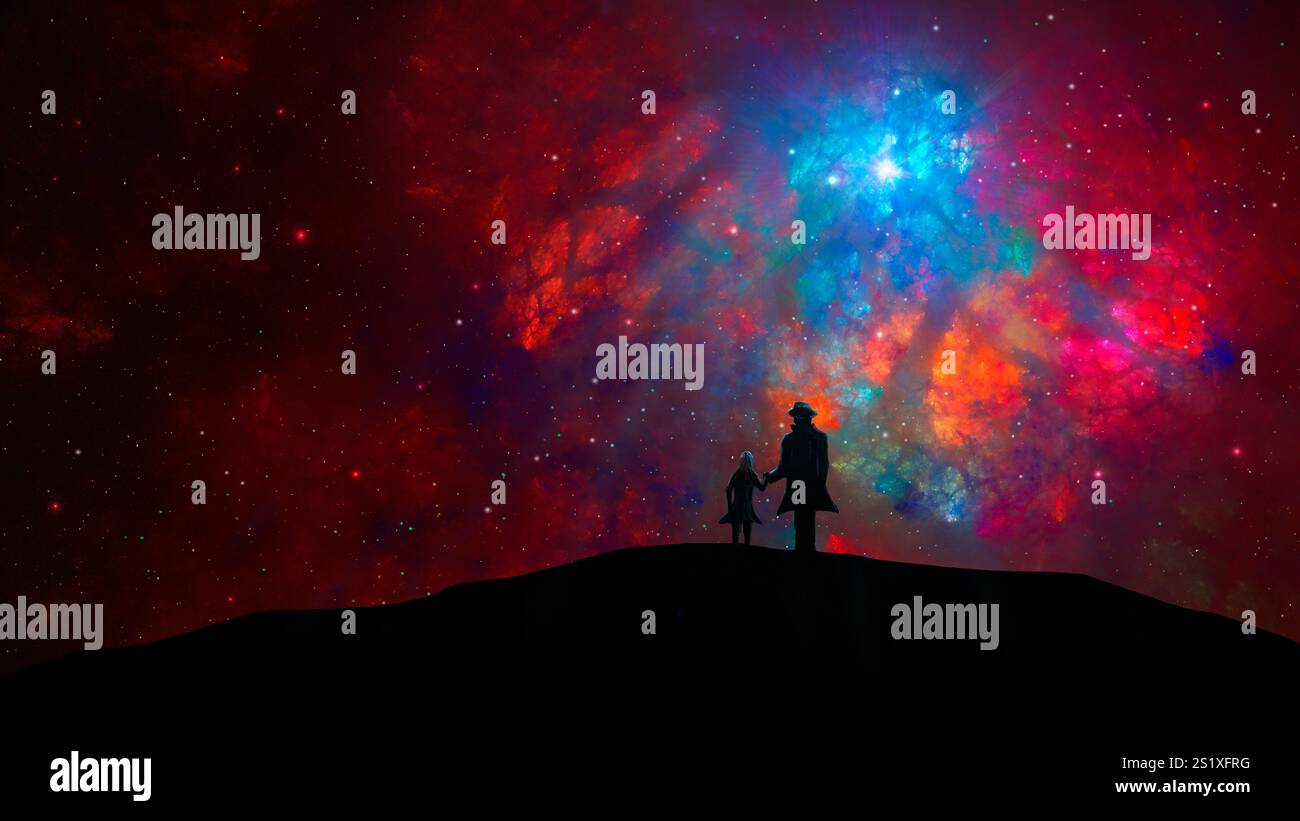 Space background. Man and girl silhouette walking on land with colorful ...