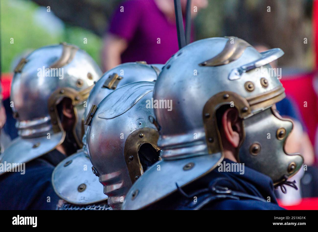 soldiers of the roman legion in a march in a historical reenactment ...