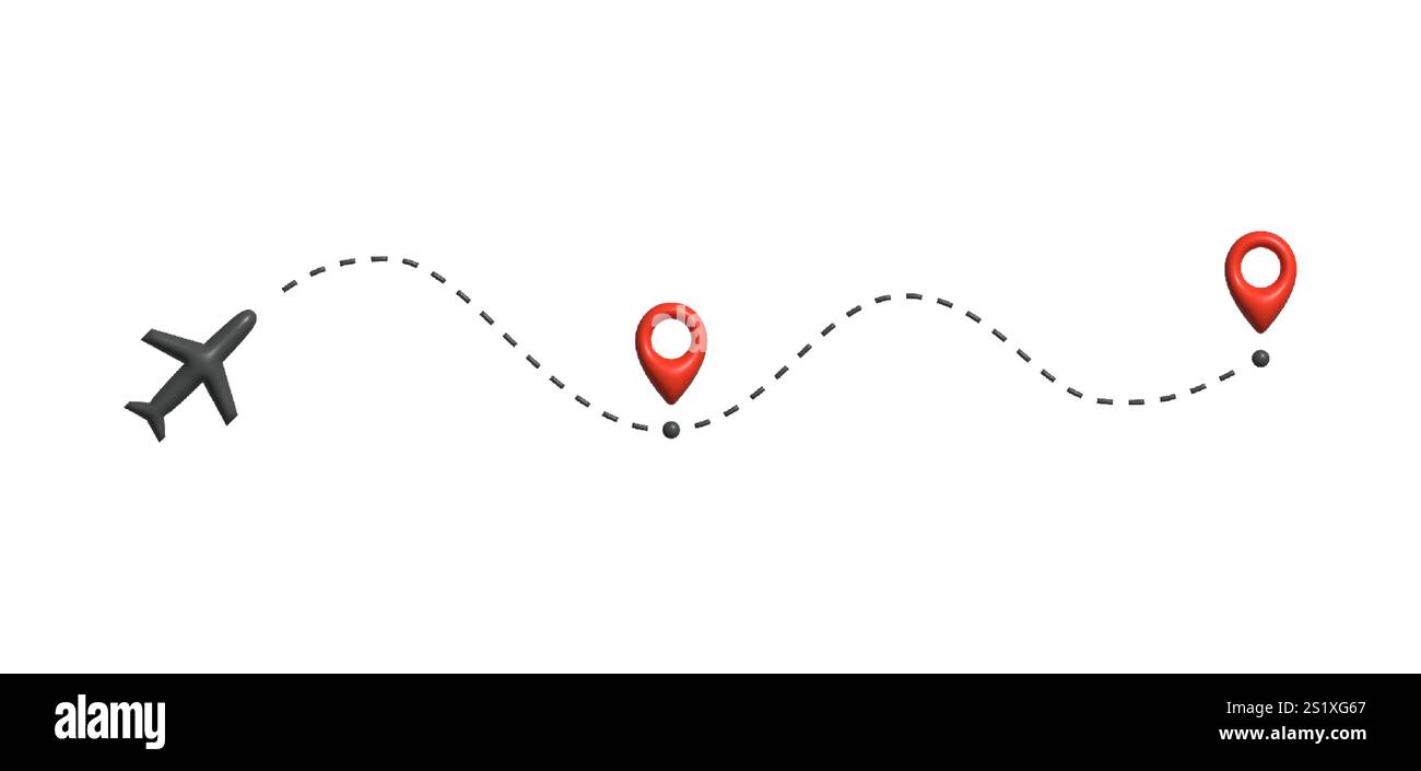 Airplane flying along a dashed line route between two red location pins ...