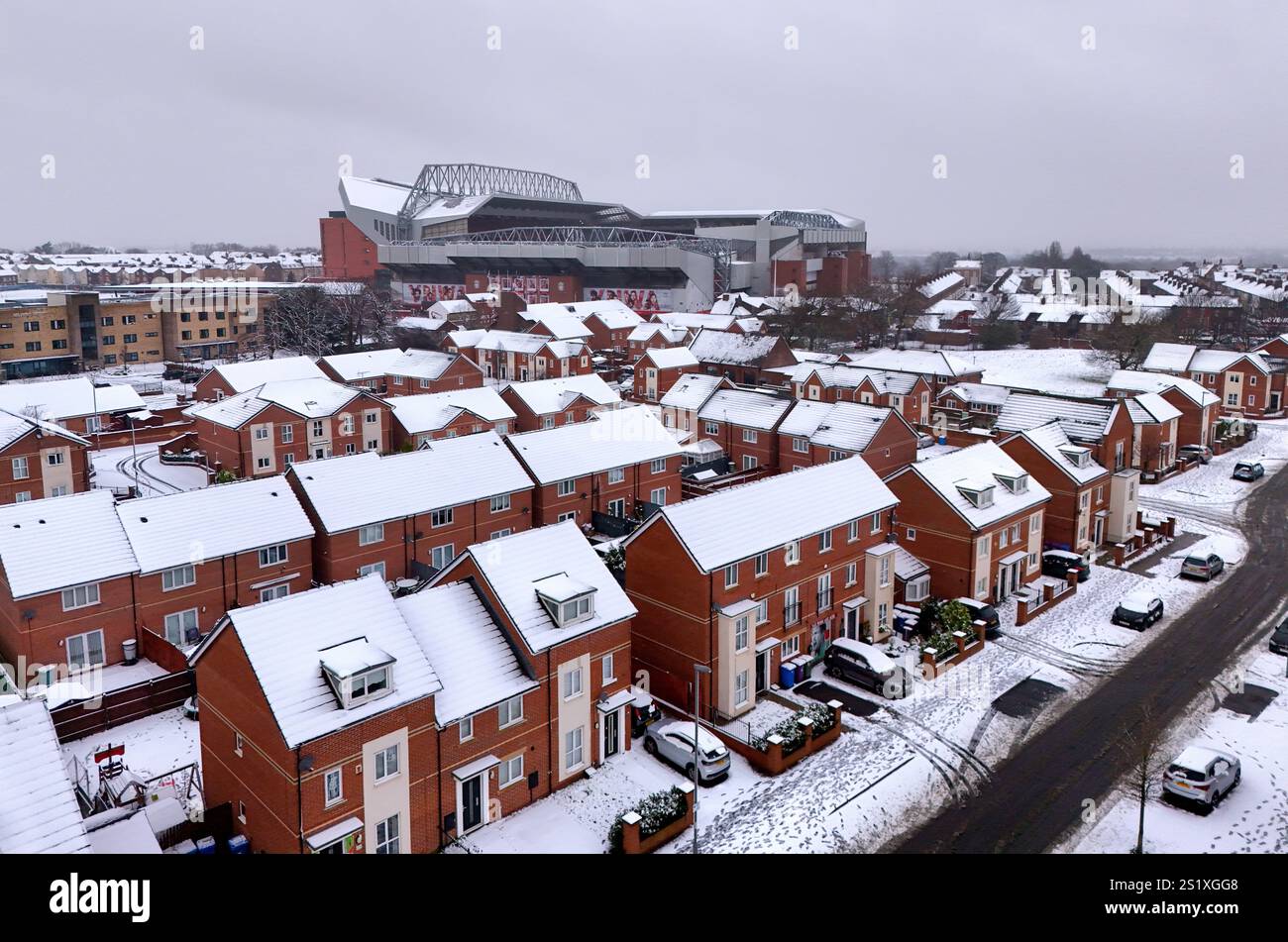 An aerial view of snow surrounding the ground ahead of the Liverpool v ...