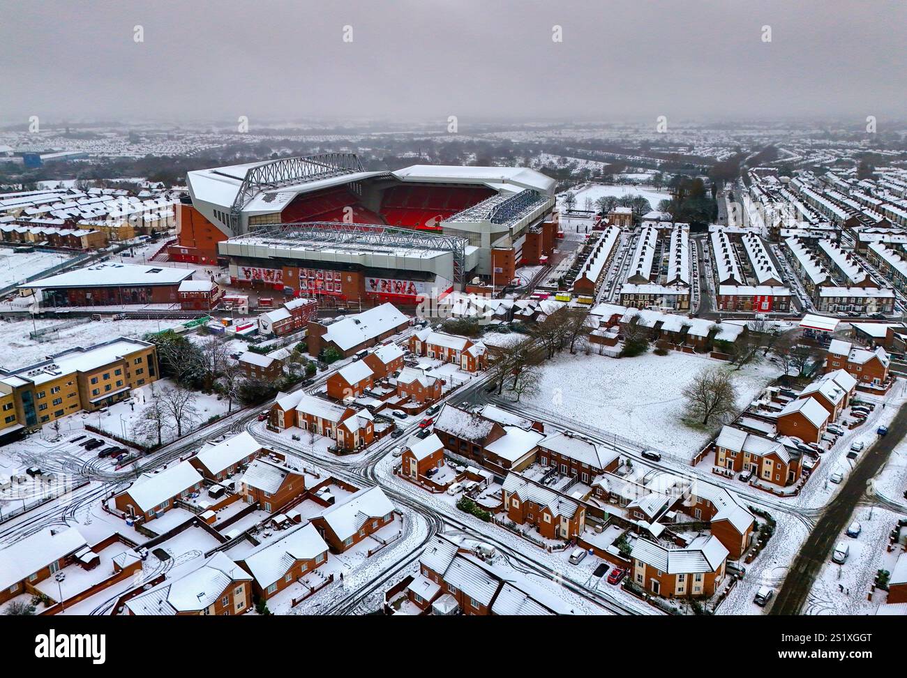 An aerial view of snow surrounding the ground ahead of the Liverpool v ...