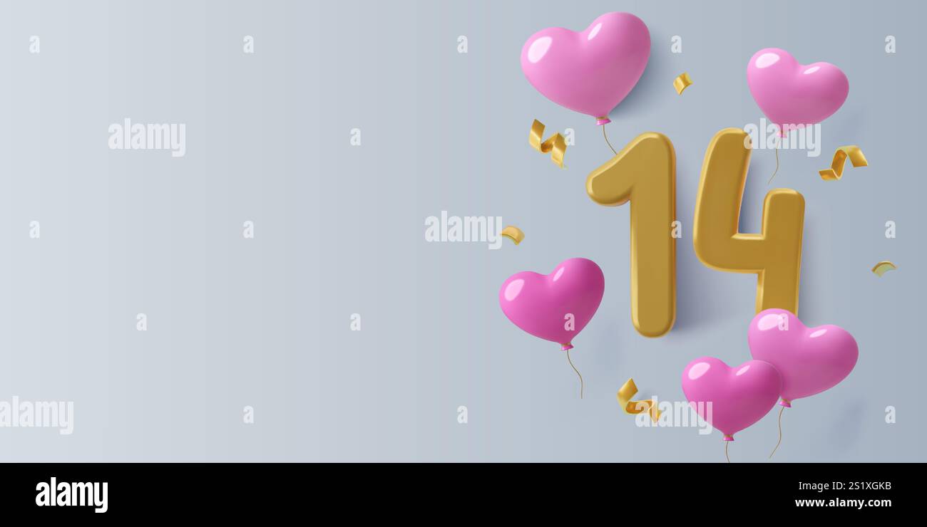 February 14 party background with number 14, heart balloons, holiday ...