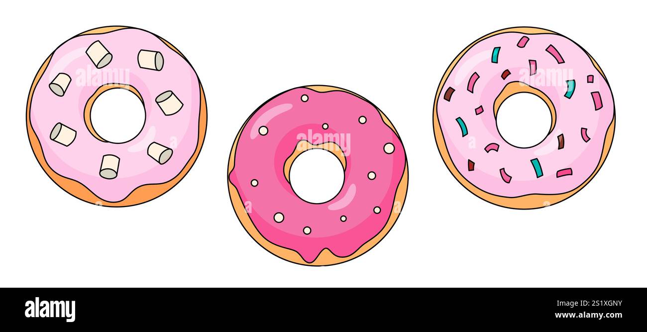 Pink Donuts set doodle cartoon flat vector illustration Stock Vector ...