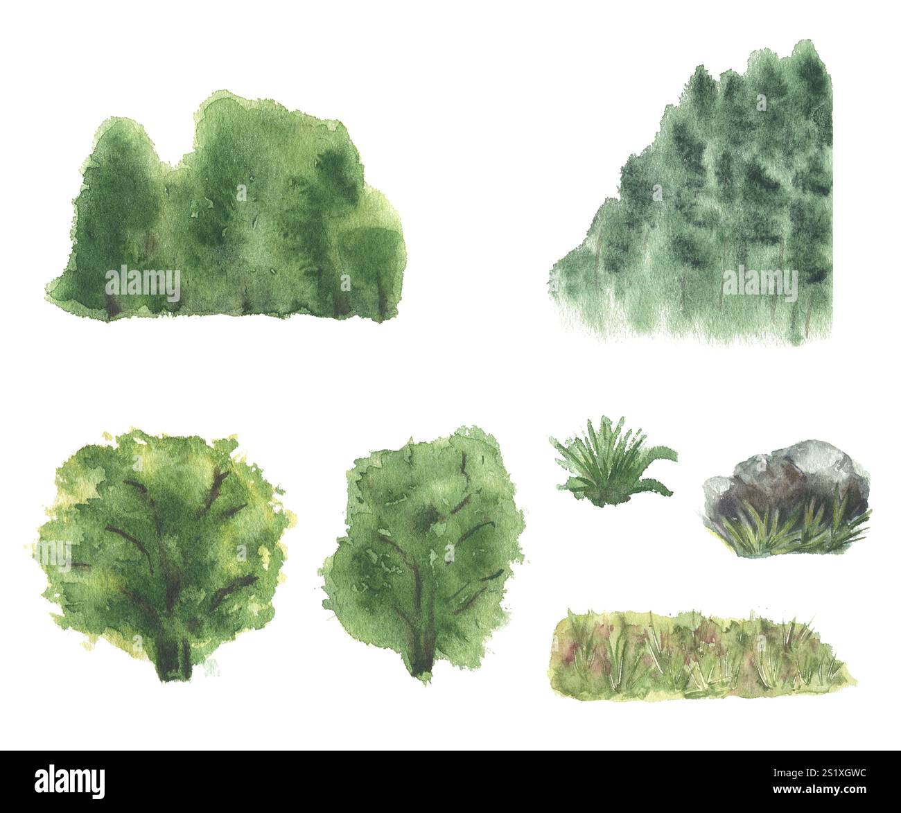Green trees, bushes, grass, and rocks watercolor set hand drawn ...