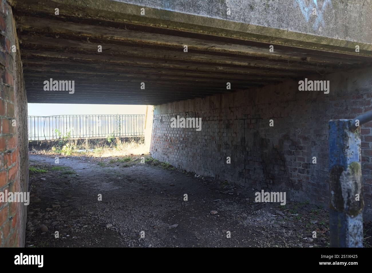 Dirt low passage in the shade under a concrete bridge with a lake at ...