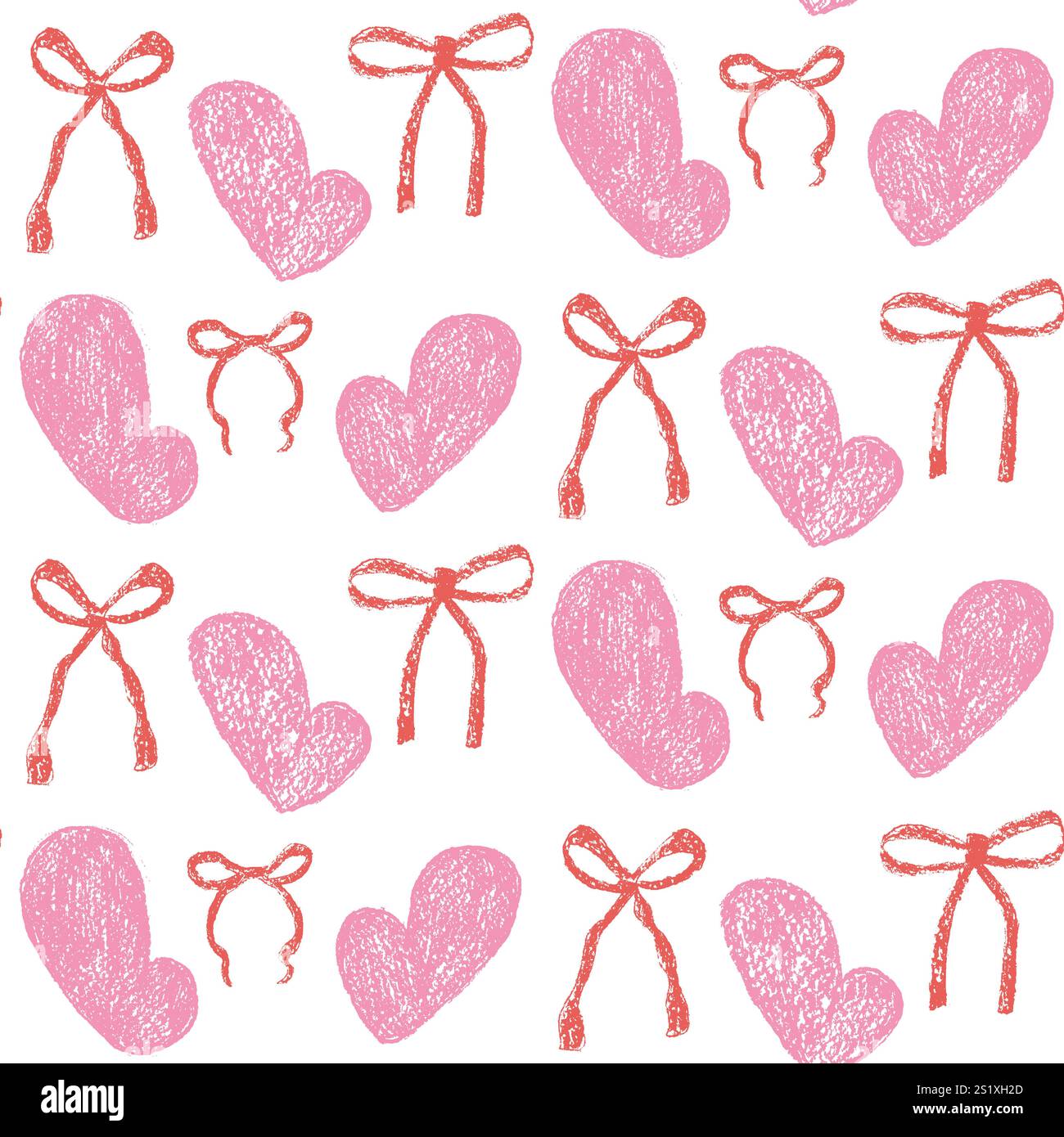 Hearts and coquette bow crayon drawn seamless pattern. Valentines day ...