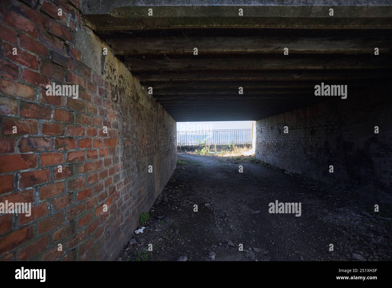 Dirt low passage in the shade under a concrete bridge with a lake at ...