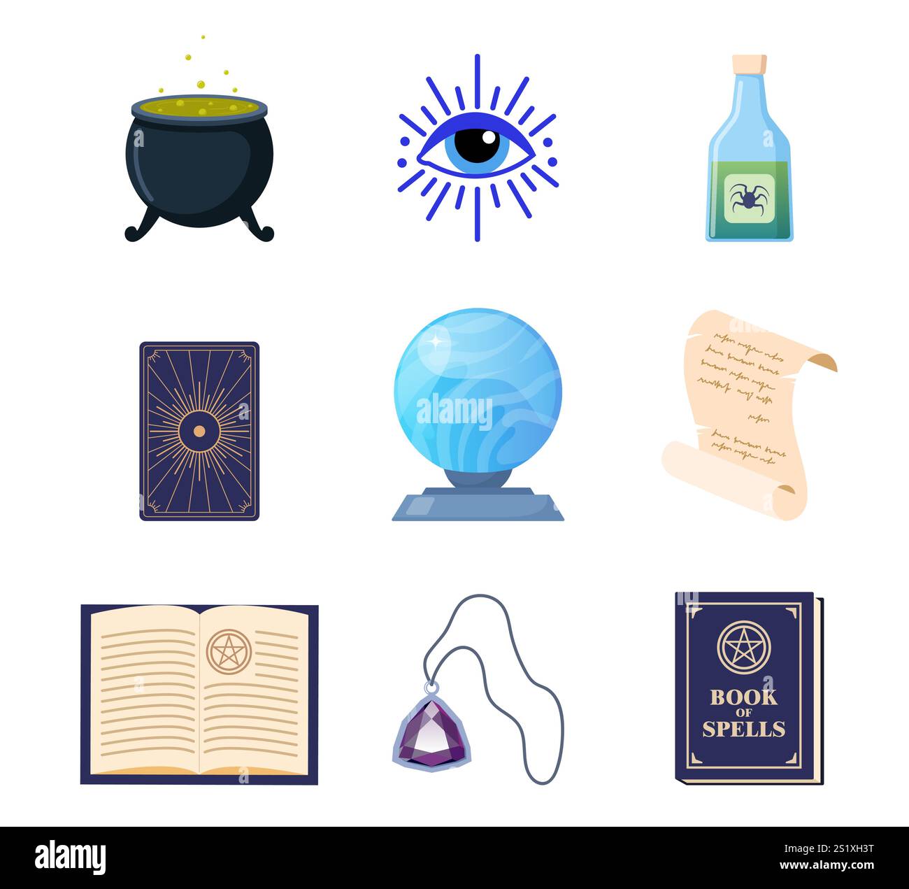 Magician tools. Wizard magic mystery amulet, spell book, crystal ball ...