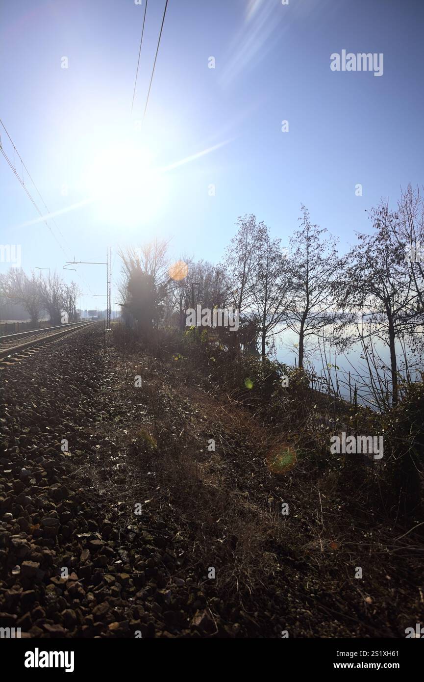 Railroad track on an embankment over a park by the lakeshore on a ...