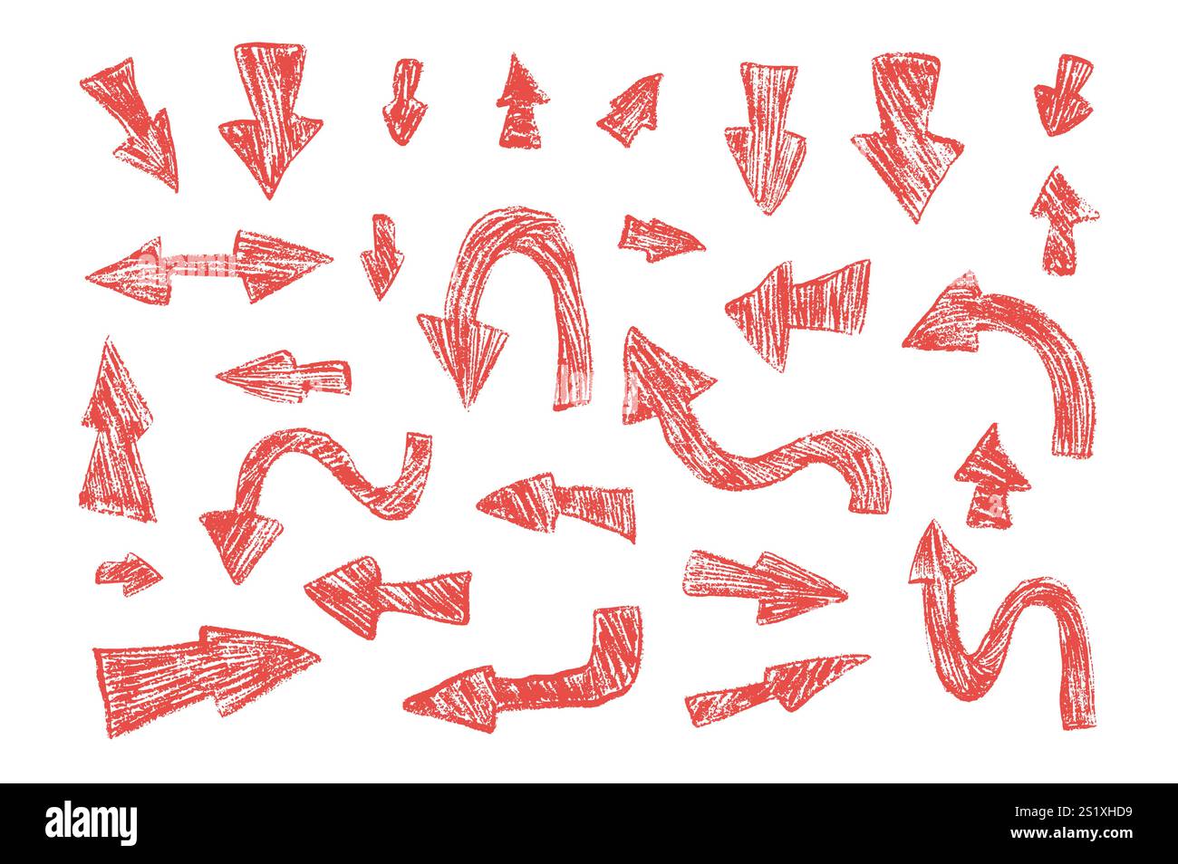 Arrows set crayon drawing. Red chalk handwritten symbols. Pointers by ...