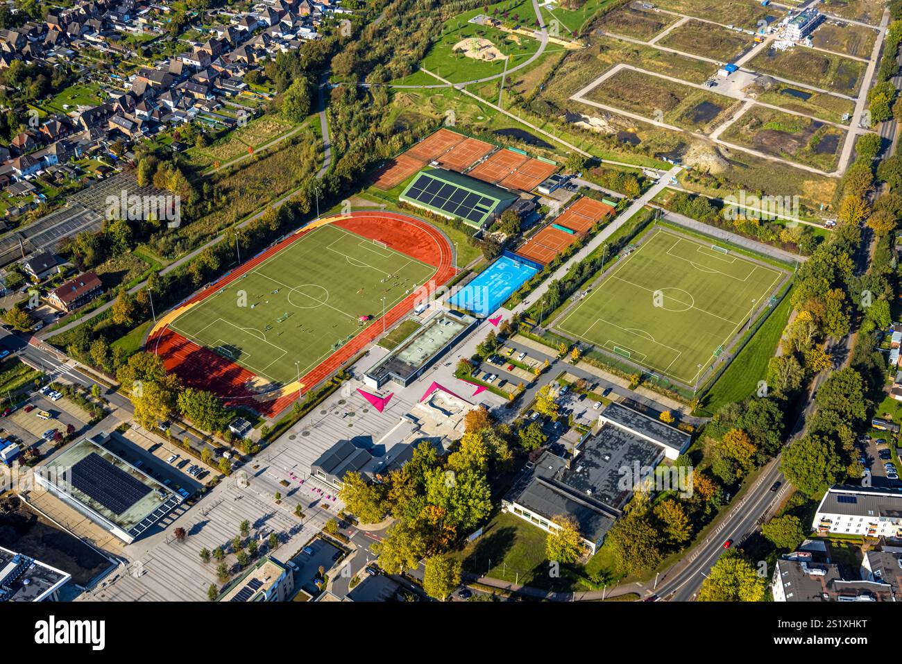 Aerial view, sports center with soccer stadium Sparkassen Arena, Selm ...