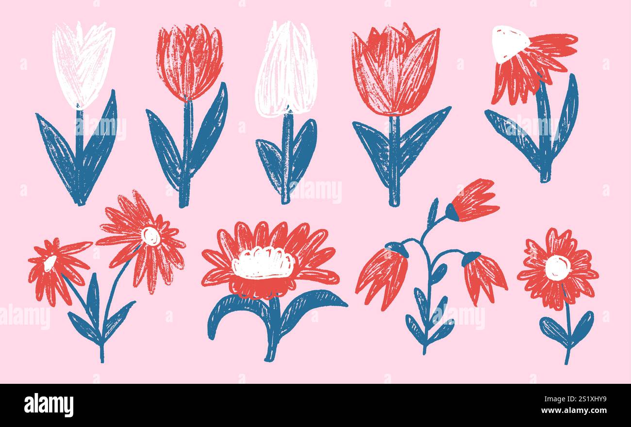Flowers stencil set. Spring tulip, daisy, chamomile and marguerite ...