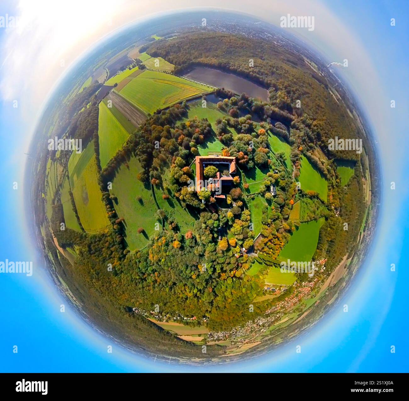 Aerial view, Cappenberg Castle in autumnal woodland, LWL Museum of Art ...