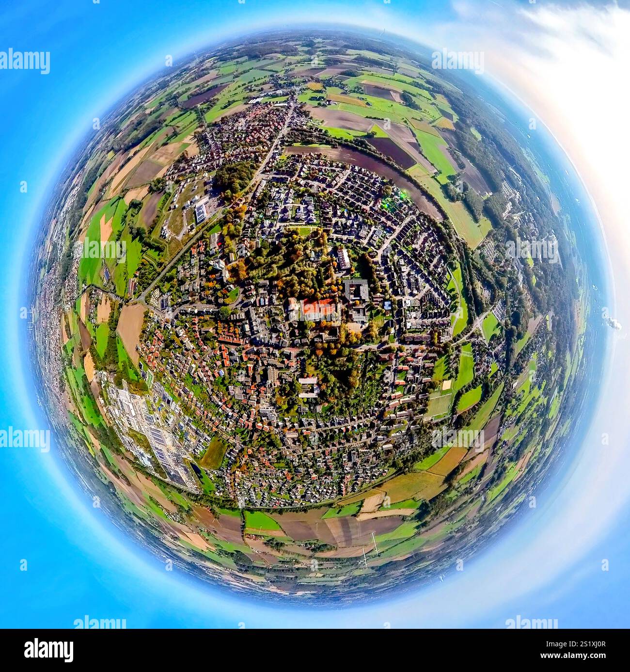 Aerial view, residential area, local view Bork, earth globe, fisheye ...