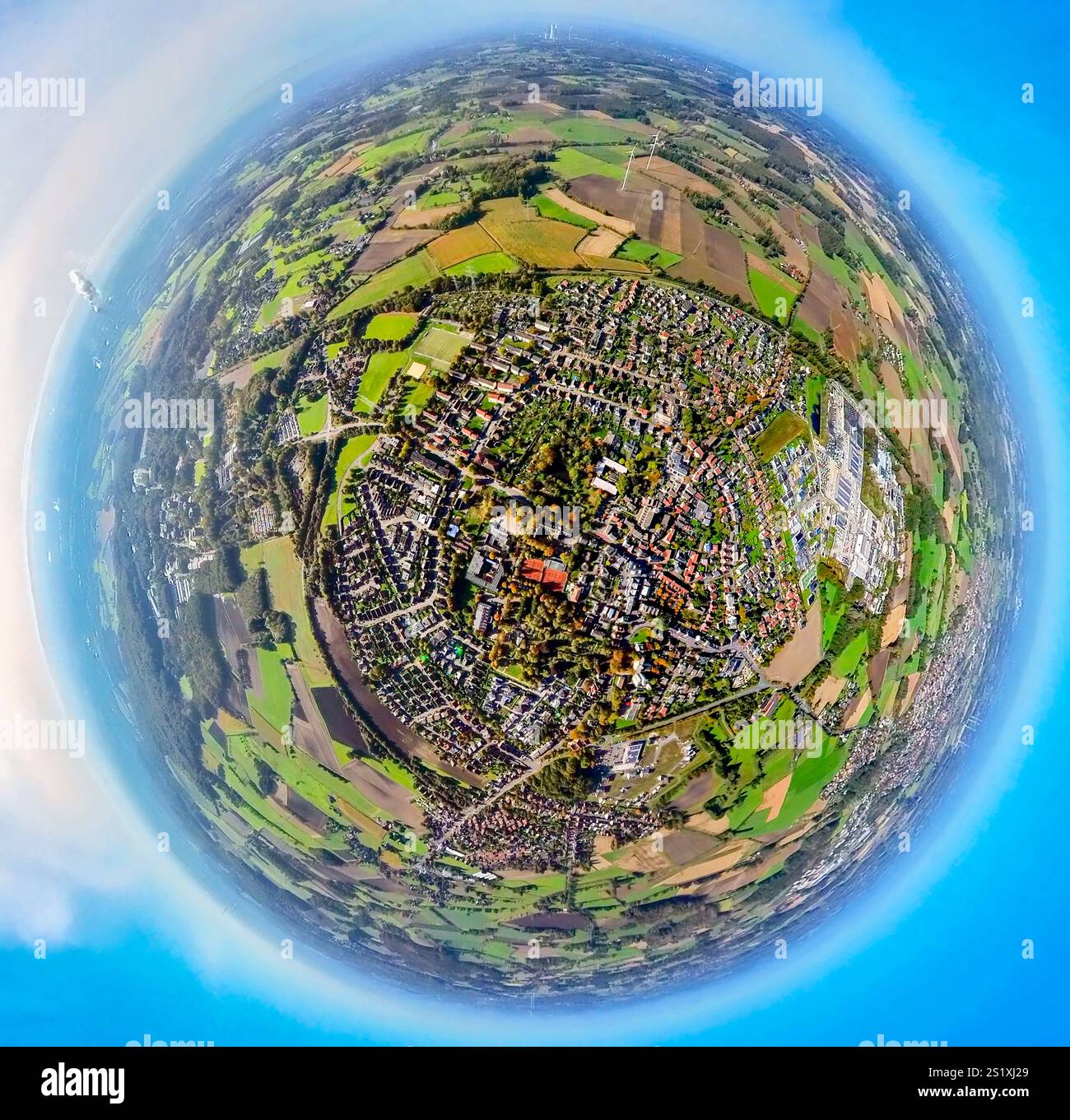 Aerial view, residential area, local view Bork, earth globe, fisheye ...