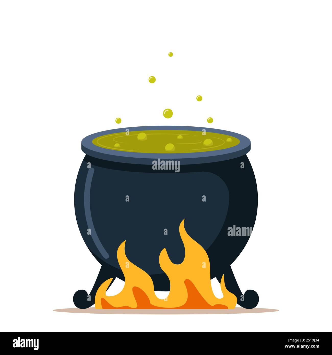 Witch cauldron with green bubbling potion over a burning firewood ...