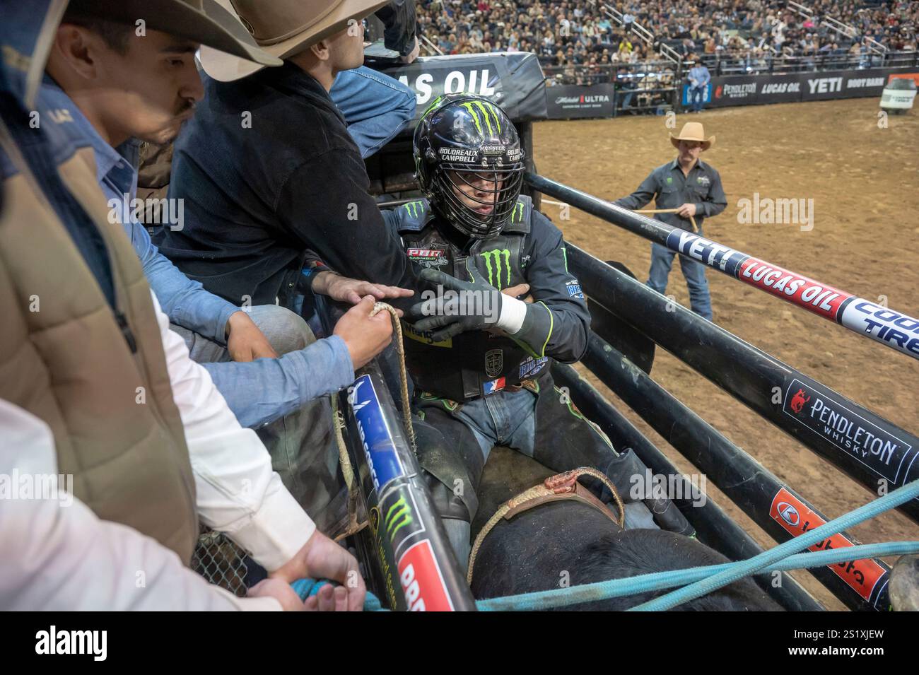 Boudreaux Campbell gets ready to ride Goin' Solo in the chute during ...
