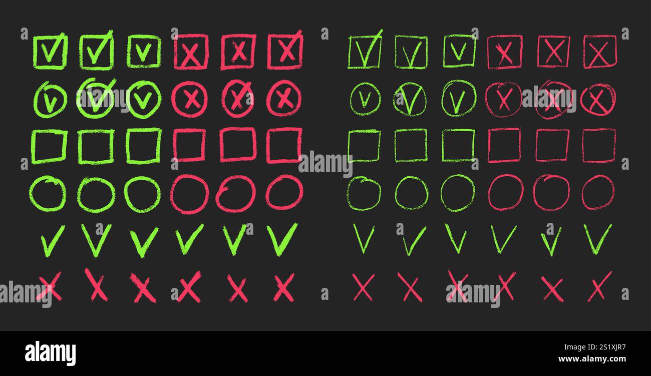 Set of checkboxes. Tick and check marks pack. Cross and v sign pencil drawn. Correct and wrong ...