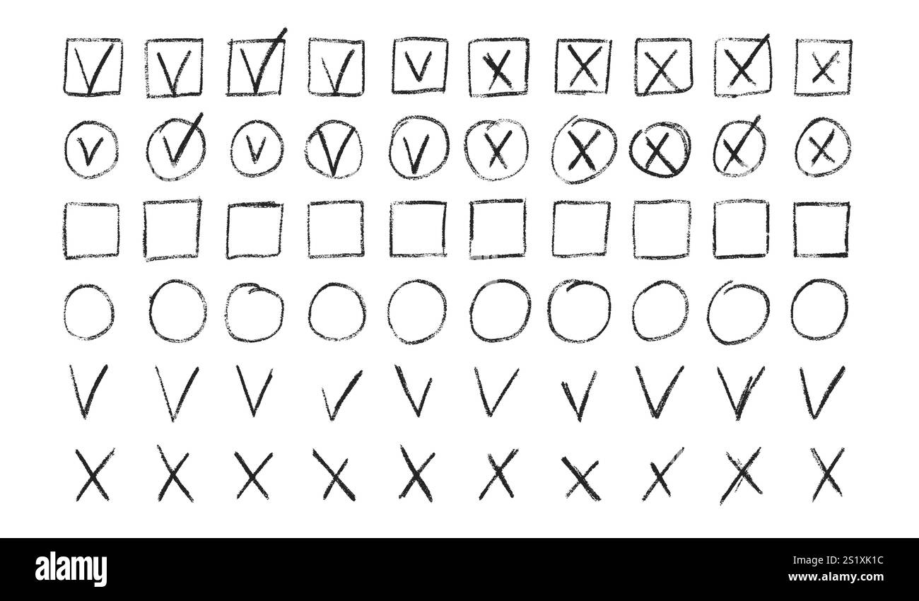Set of checkboxes. Tick and check marks pack. Cross and v sign pencil drawn. Correct and wrong ...