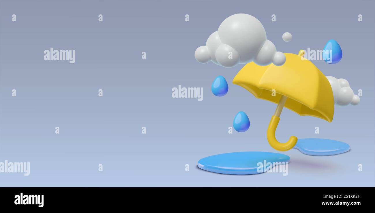 Rainy day scene with 3D umbrella wet puddle cloud and raindrops ...