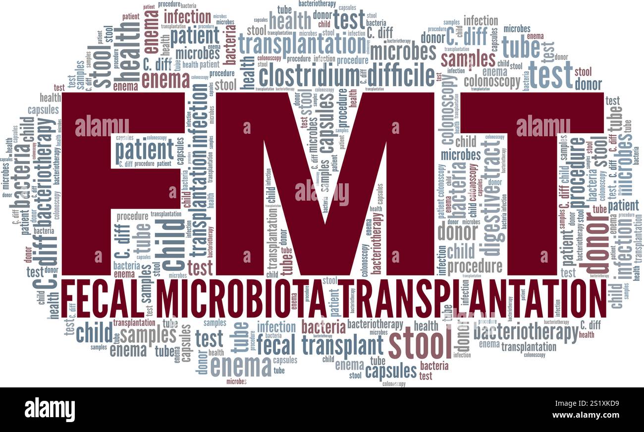 FMT - Fecal Microbiota Transplantation word cloud conceptual design isolated on white background ...