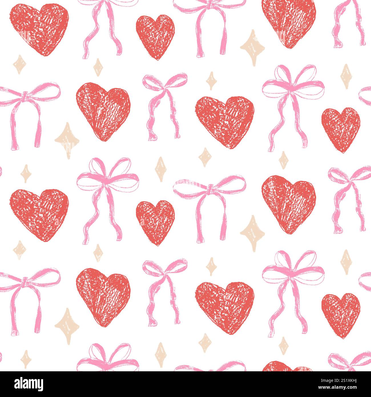 Hearts and coquette bow crayon drawn seamless pattern. Valentines day ...