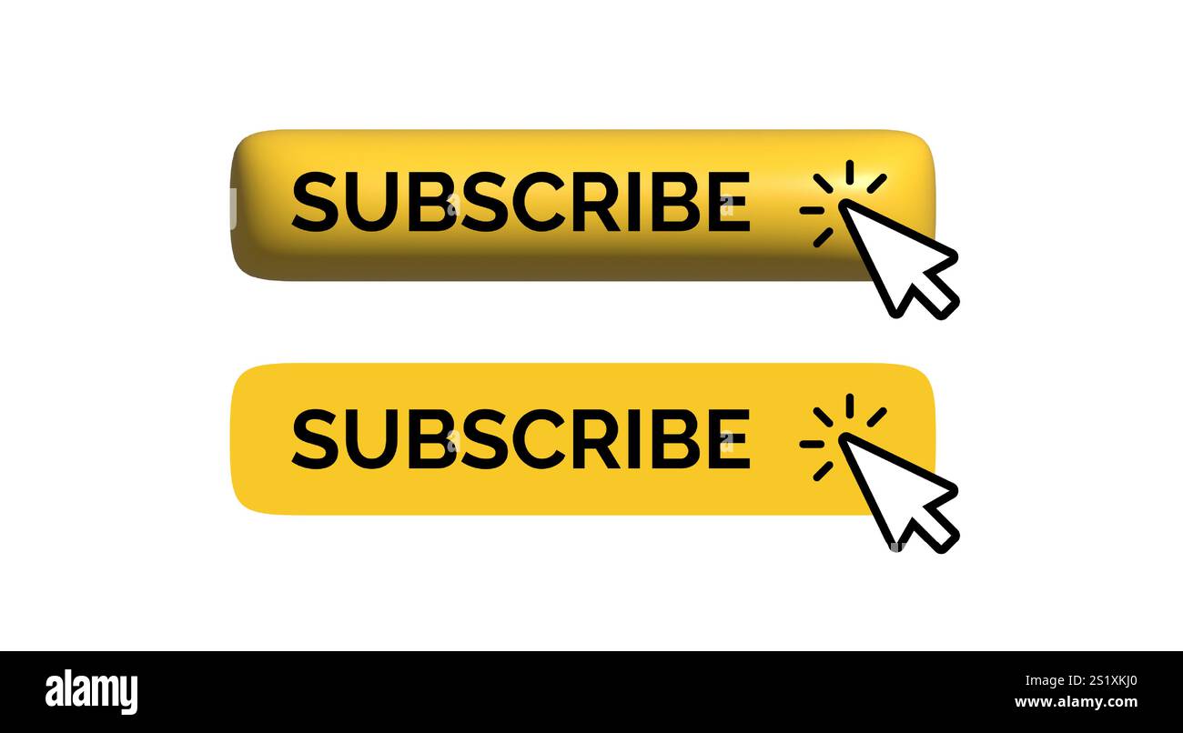 Set of two yellow Subscribe buttons, one with 3D styling and one flat, both with a clicking ...