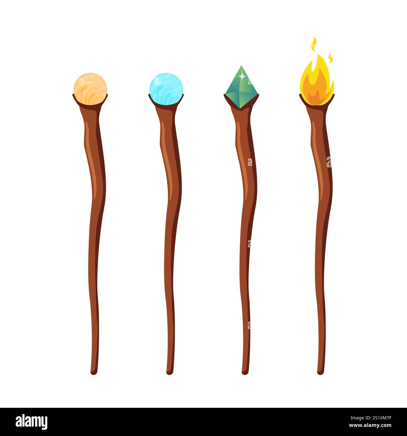 Set of magic staff, walk sticks or wands with glow gems, frozen ice ...