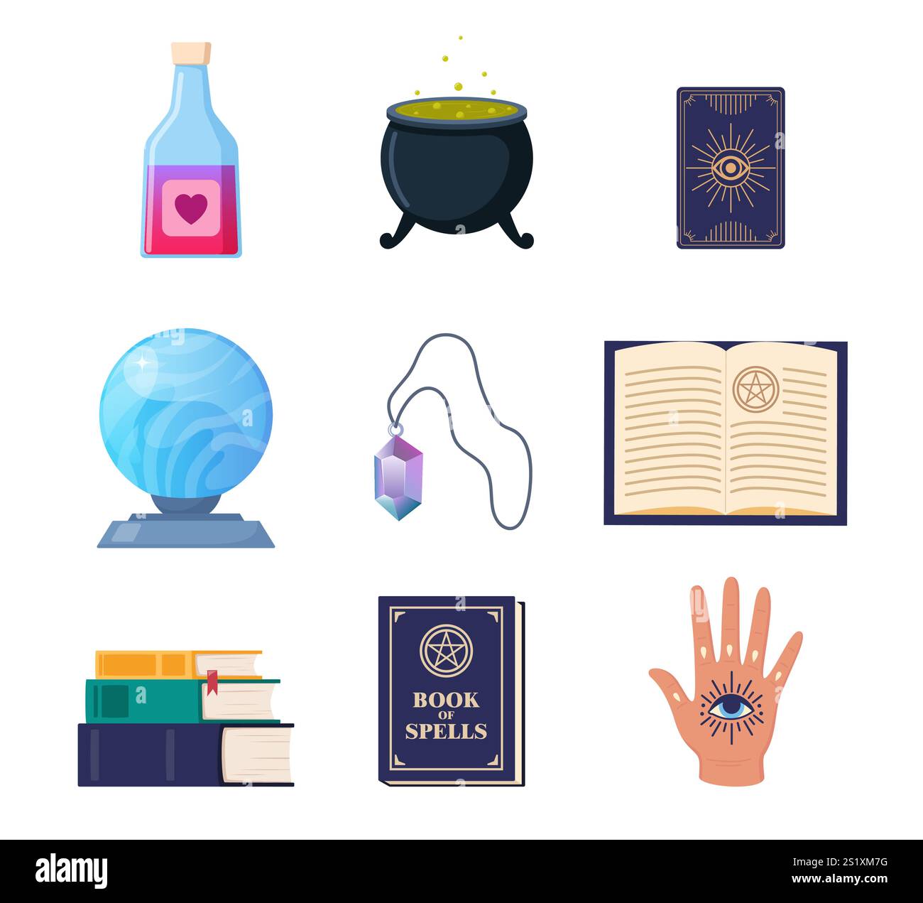 Magician tools. Wizard magic mystery amulet, spell book, crystal ball ...