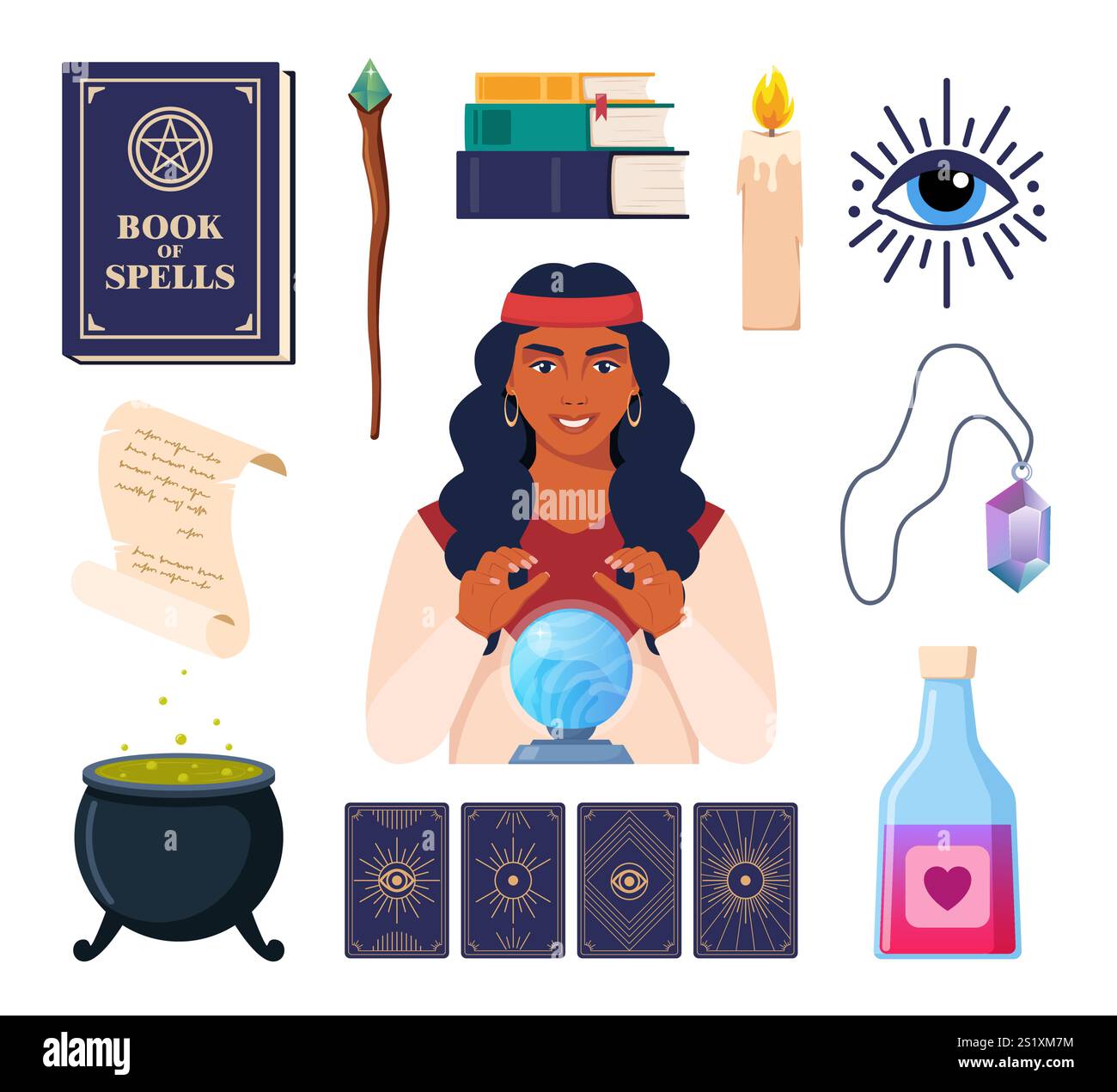 Magician tools. Wizard magic mystery amulet, spell book, gypsy fortune ...