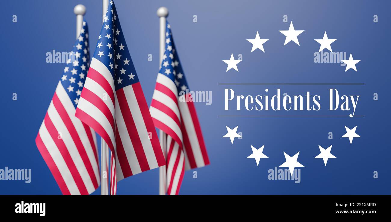 Text "Presidents Day" and stars besides flags of the United States of ...