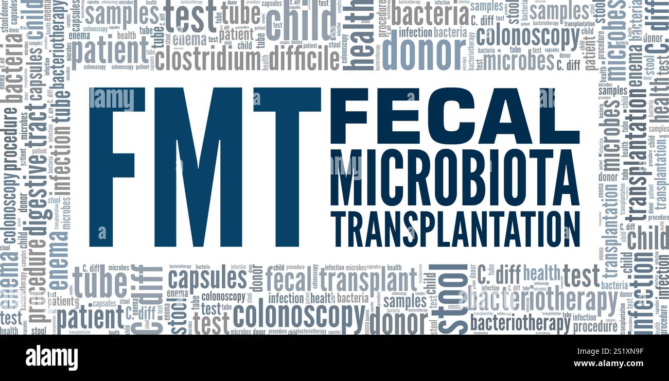 FMT - Fecal Microbiota Transplantation word cloud conceptual design isolated on white background ...