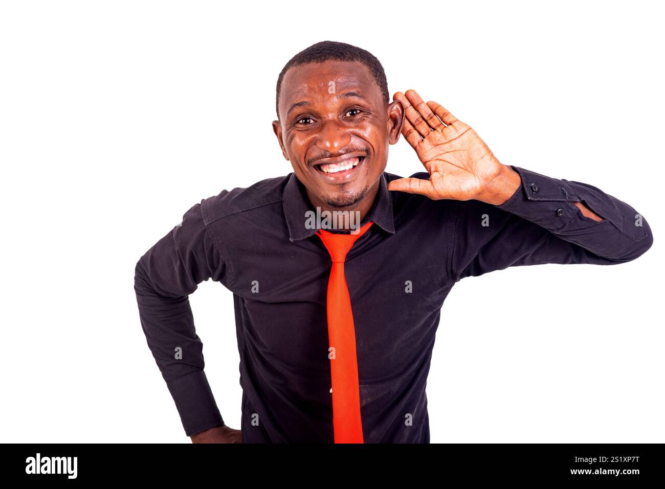 portrait of a handsome curious young man listening to rumors with his ...