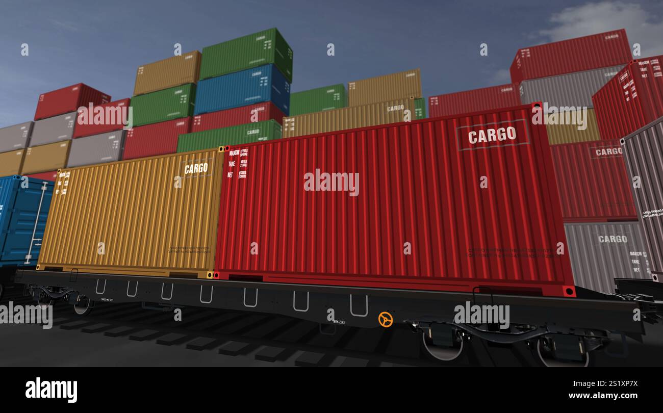 Cargo transport import export containers on a freight wagons. Business ...