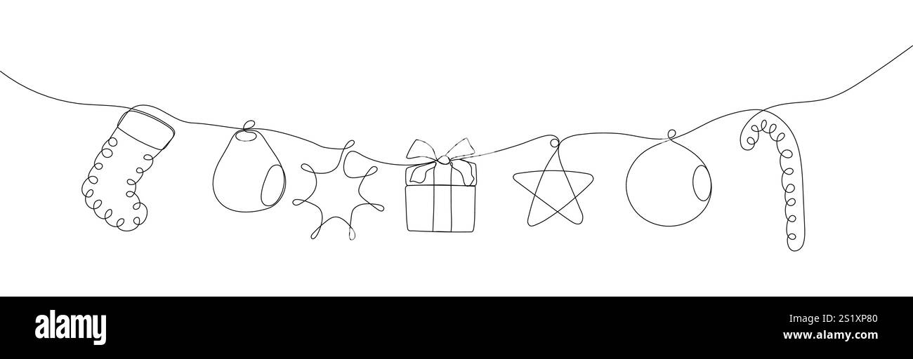 Continuous line drawing of a Christmas garland featuring holiday ...