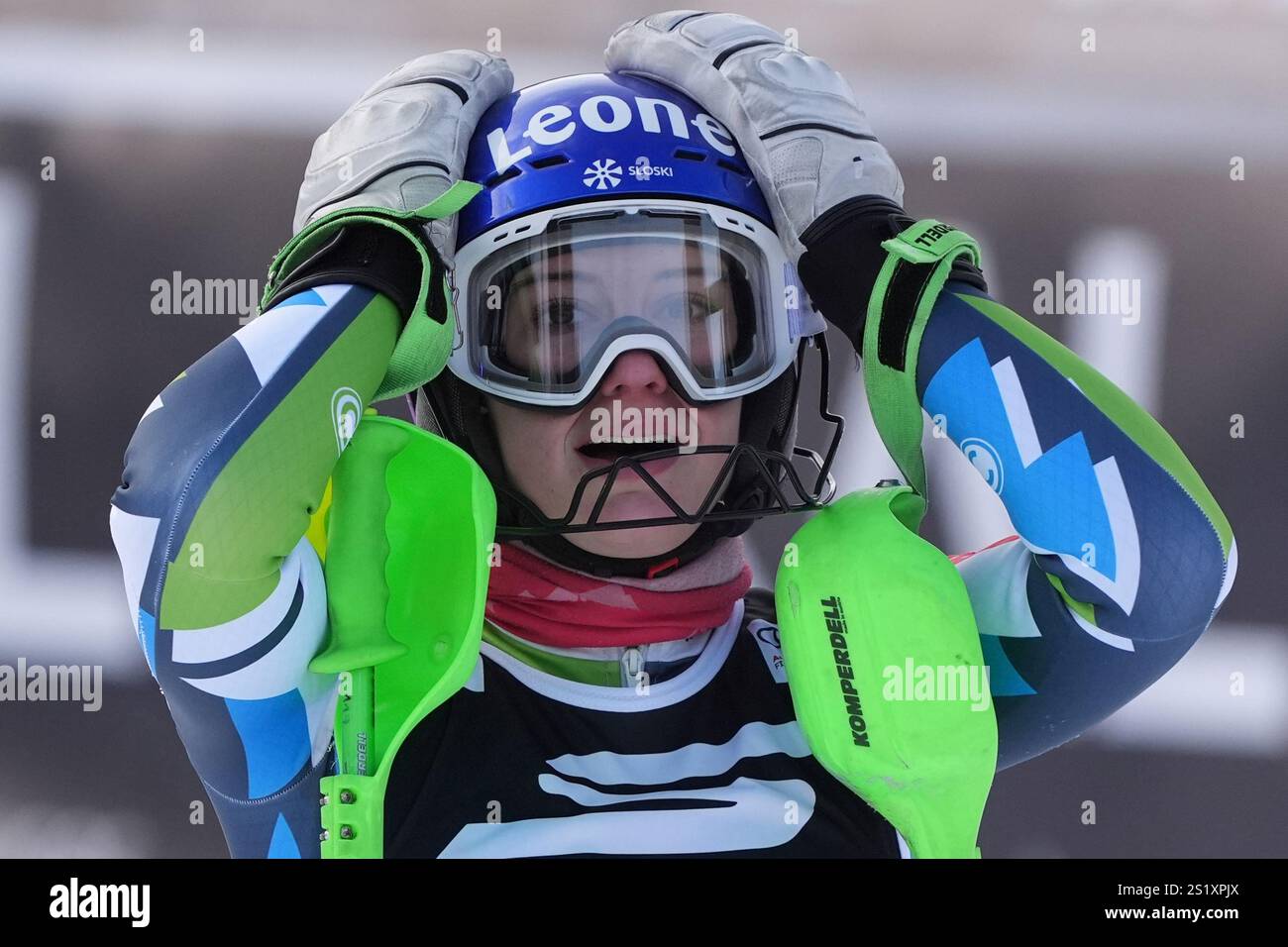 Slovenia's Andreja Slokar reacts after completing an alpine ski, women ...