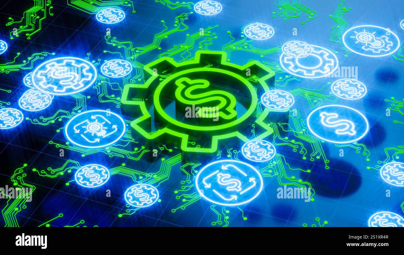 Glowing cryptocurrency network, neon green dollar symbol, blue ...