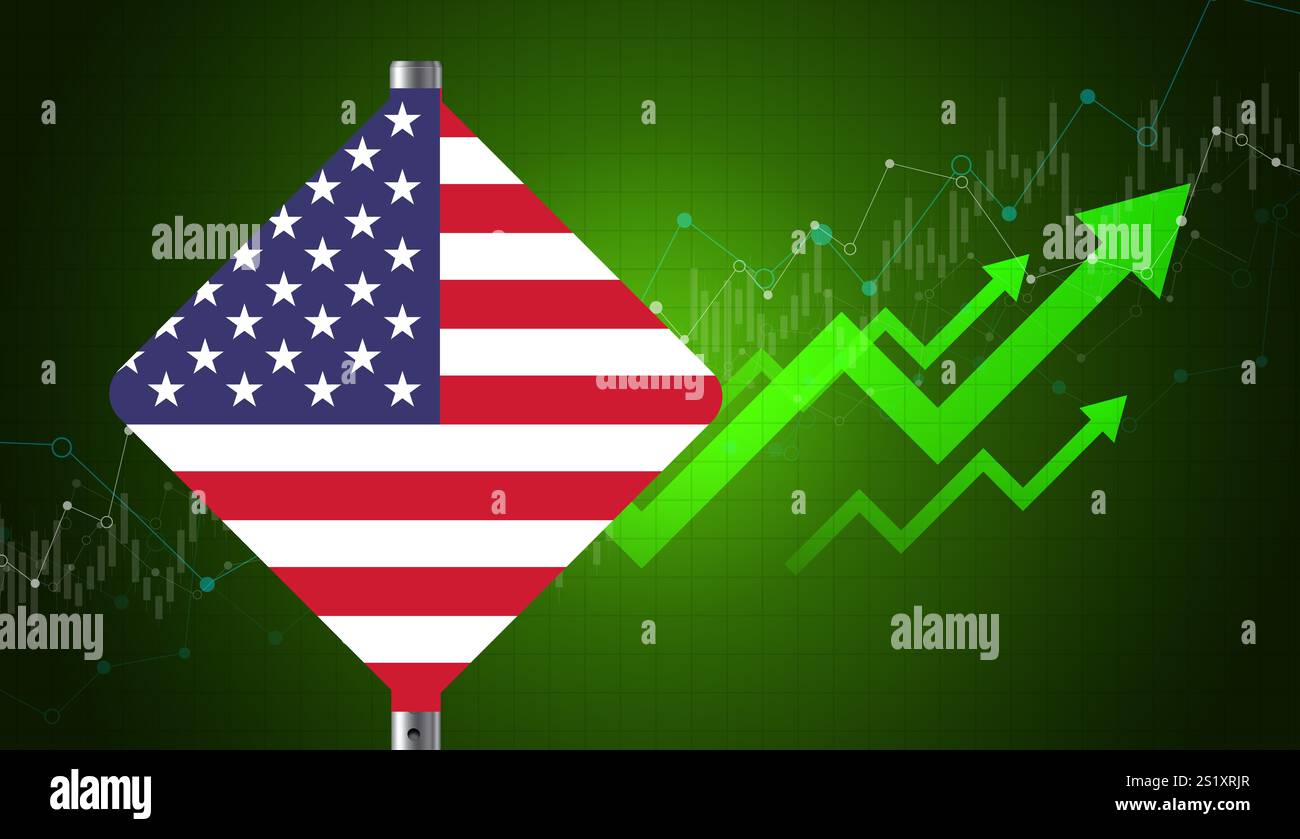 US flag, road sign, and American economy business graph, financial ...