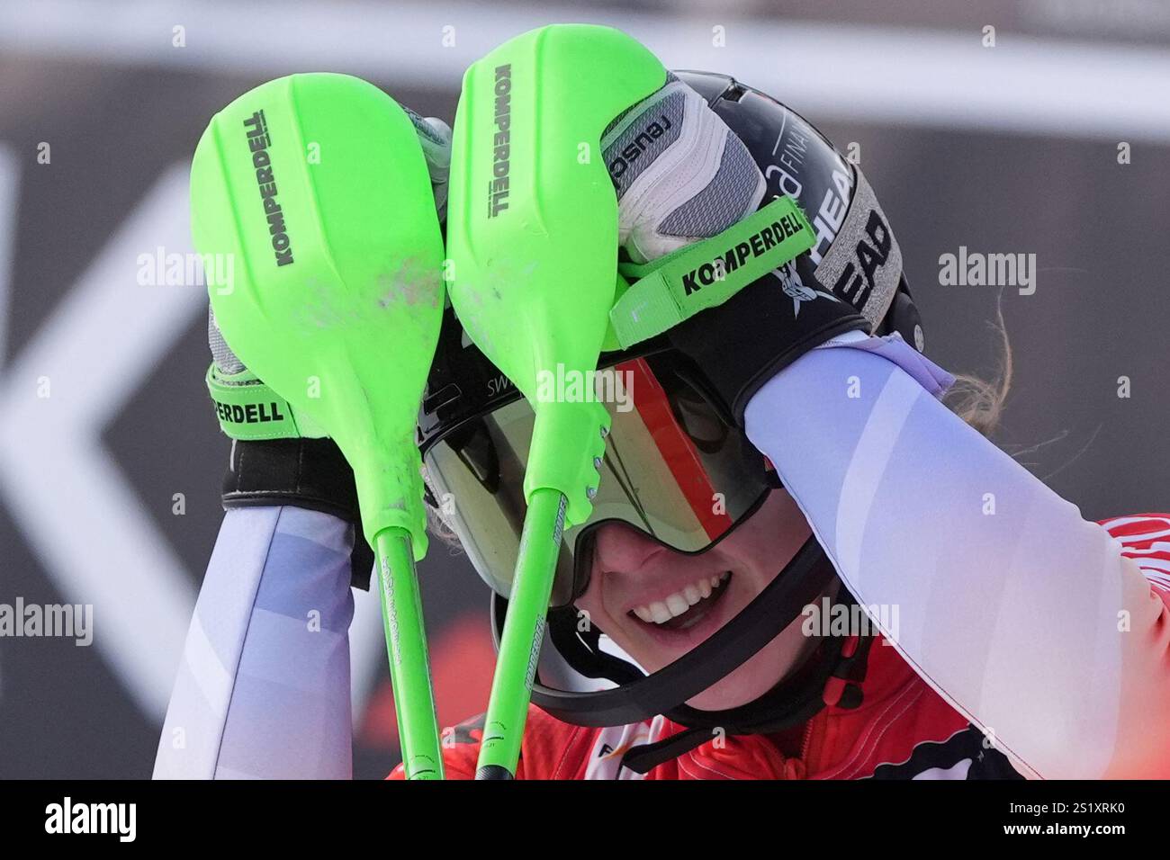 Switzerland's Camille Rast reacts after completing an alpine ski, women ...