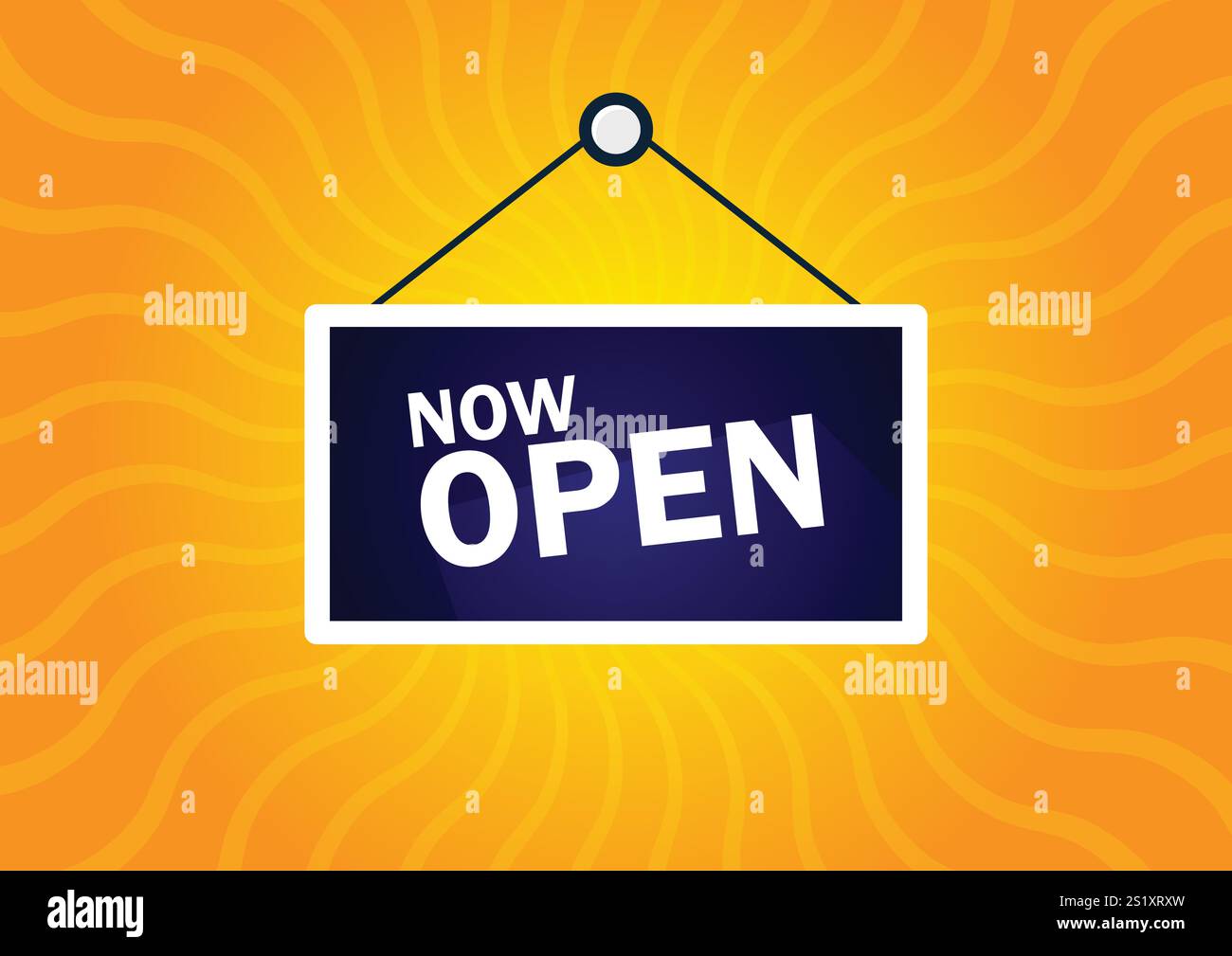 Vector now open hanging sign board on yellow sunburst background Stock ...