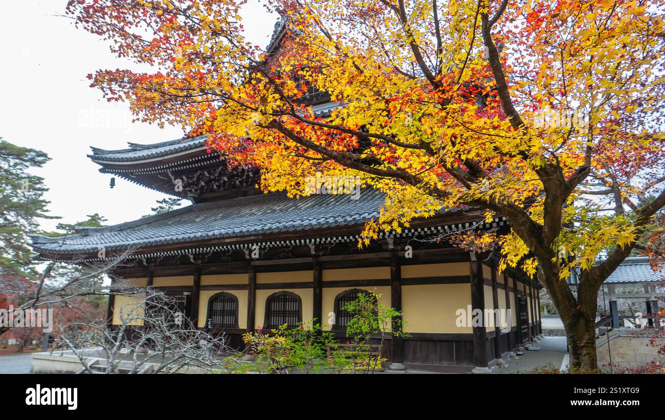 A traditional Japanese temple building at Nanzen-ji framed by vibrant ...