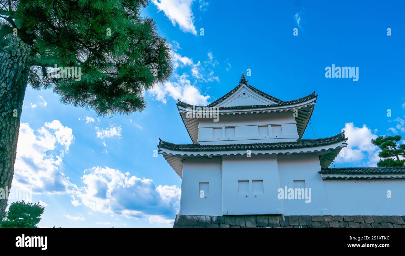 A traditional Japanese castle with white walls and a tiled roof. A ...