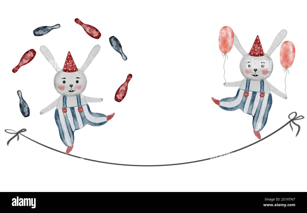 Cute circus watercolor.Rabbits acrobats. Hand drawn cute animals on ...
