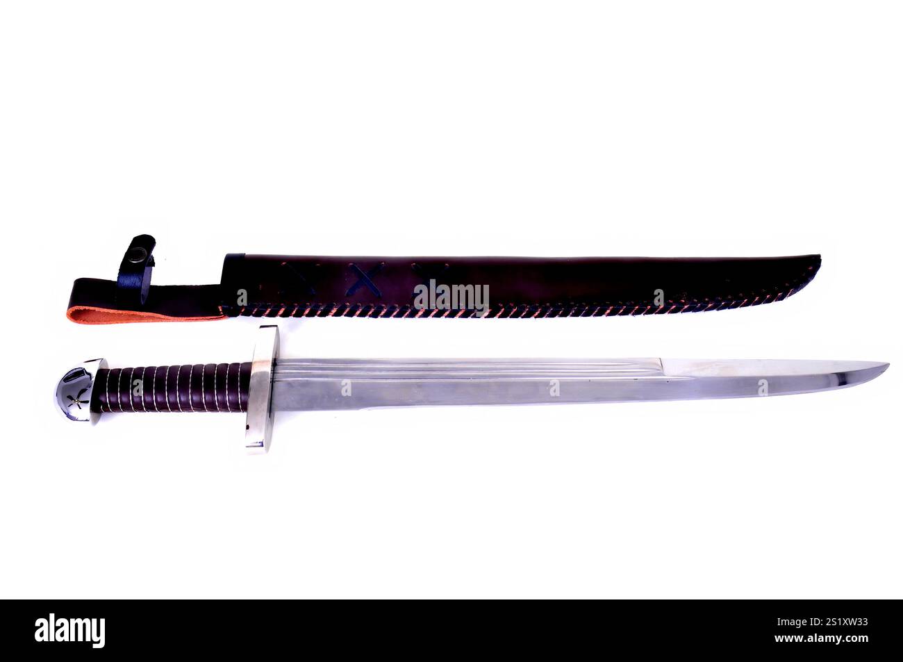 Sword hilt pommel blade and handle in scabbard isolated over white ...