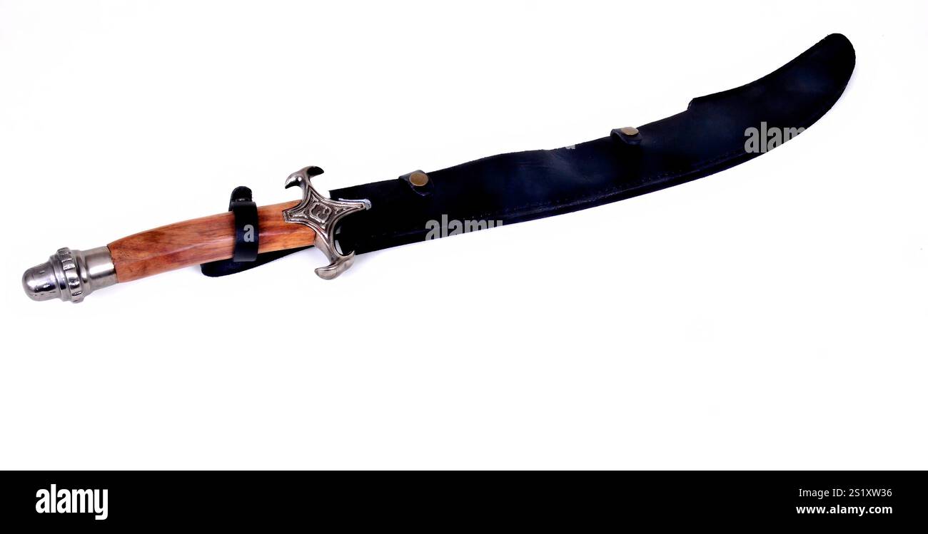 Sword hilt pommel blade and handle in scabbard isolated over white ...