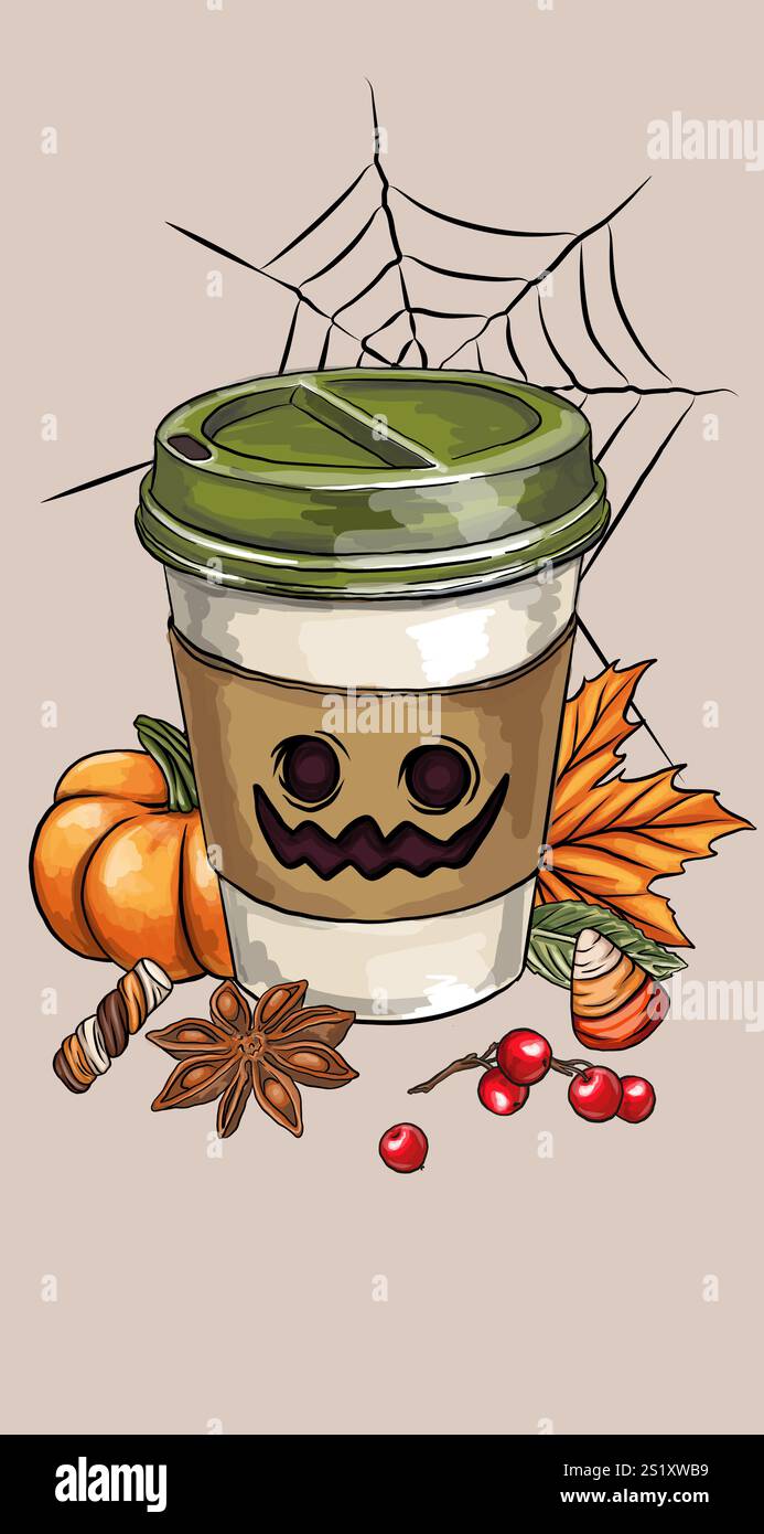 Autumn hot drink in a mug with cream, pumpkins, and forest leaves ...