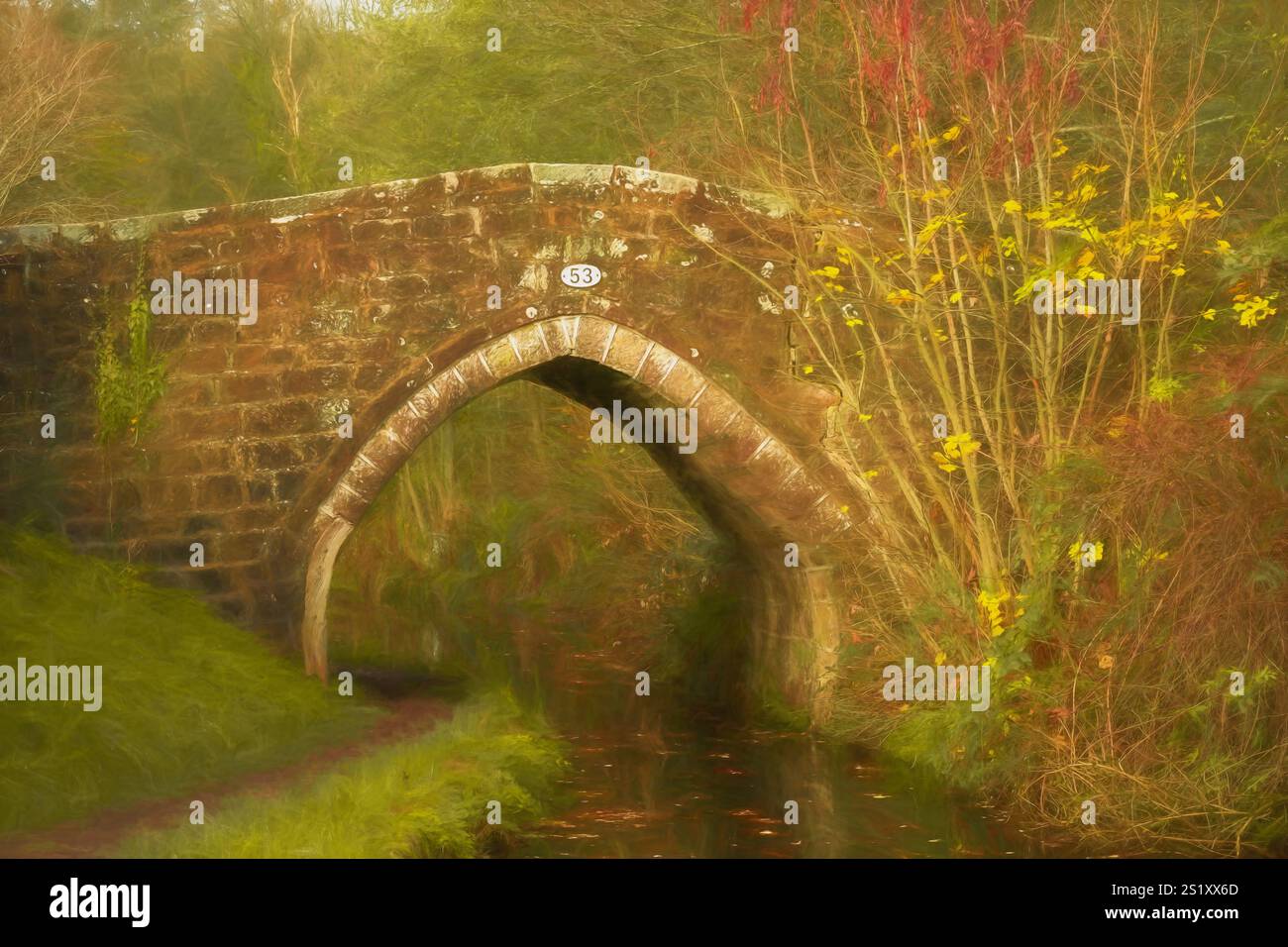 Digital oil painting of autumn colours at bridge 53 on the Caldon canal ...