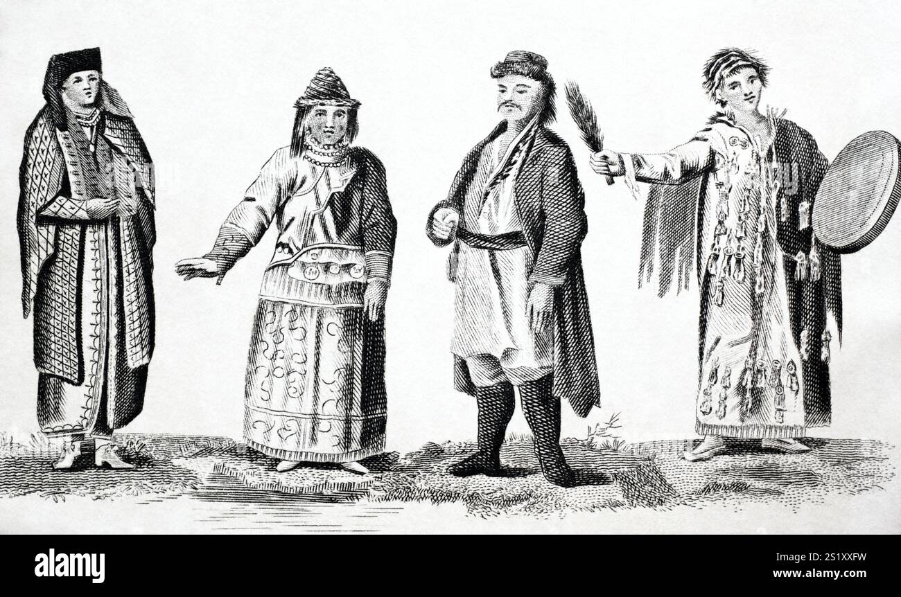 An illustration of the traditional costumes of the Lower Volga Region ...
