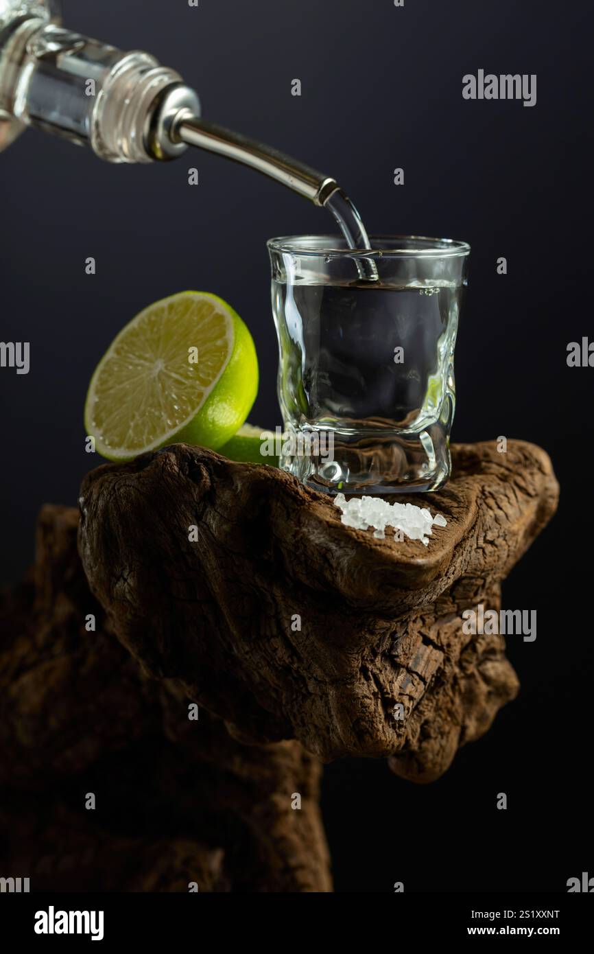 Tequila shot with lime and salt on a old snag. Strong alcoholic drink ...