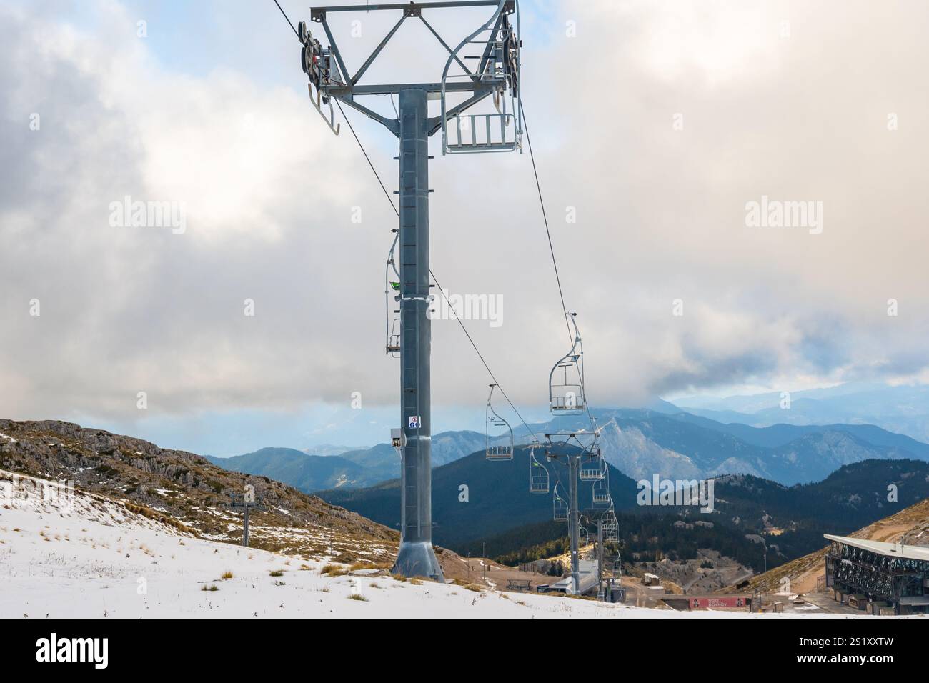 Empty ski lifts at the snowy Parnassos Mountain Ski Resort Stock Photo ...